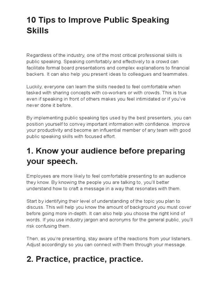 10 Tips To Improve Public Speaking Skills | PDF | Public Speaking | Speech 10 Tips To Improve Public Speaking Skills | PDF | Public Speaking | Speech