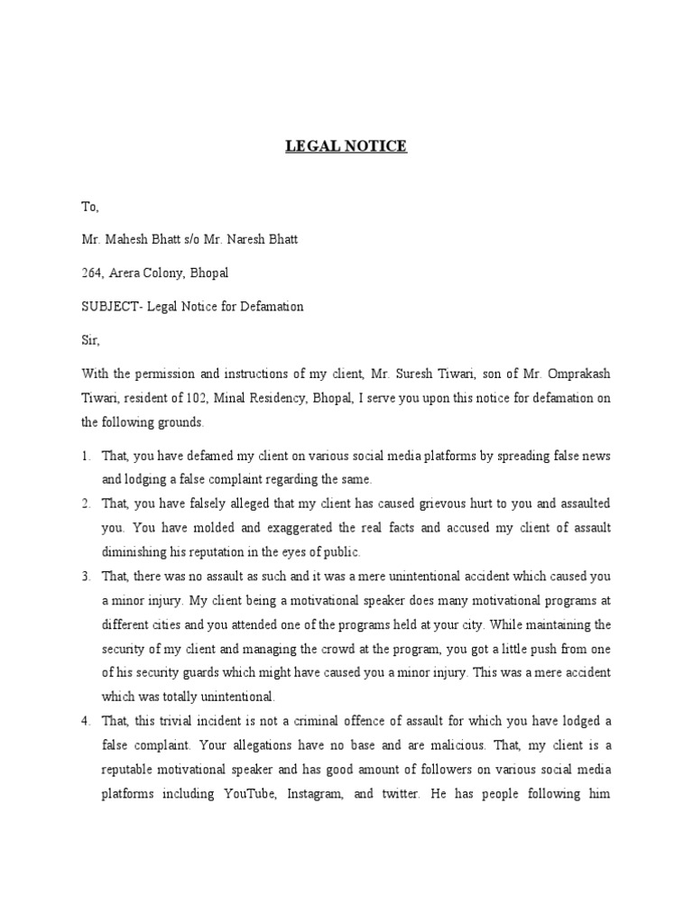 LEGAL NOTICE - Defamation | Download Free PDF | Defamation | Assault