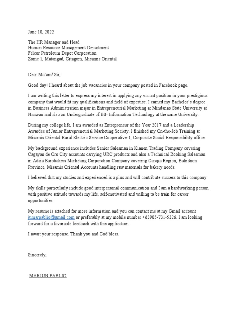 Application Letter and Resume | PDF | Entrepreneurship | Mindanao