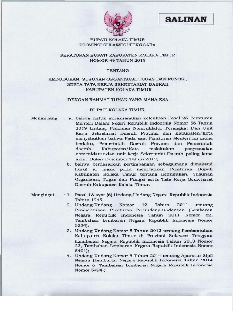 Perbup No. 49 Tahun 2019 Setda | PDF