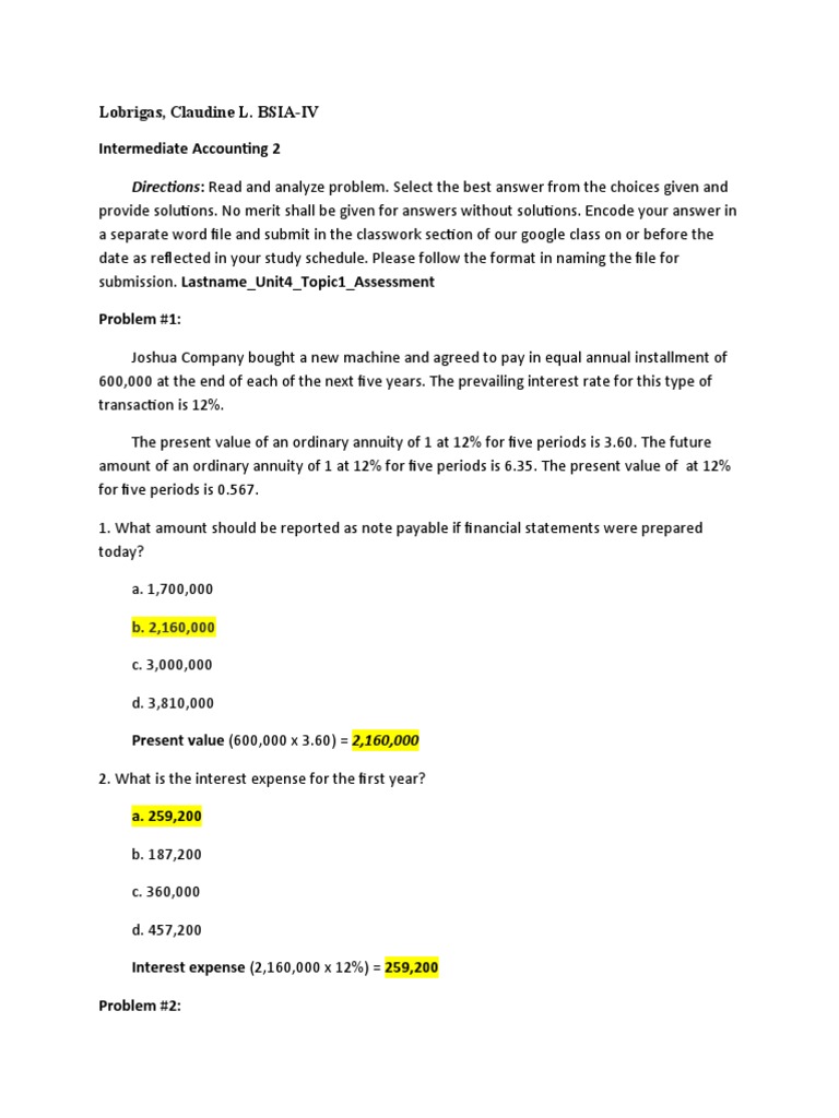 Lobrigas Unit4 Topic1 Assessment | PDF | Present Value | Interest