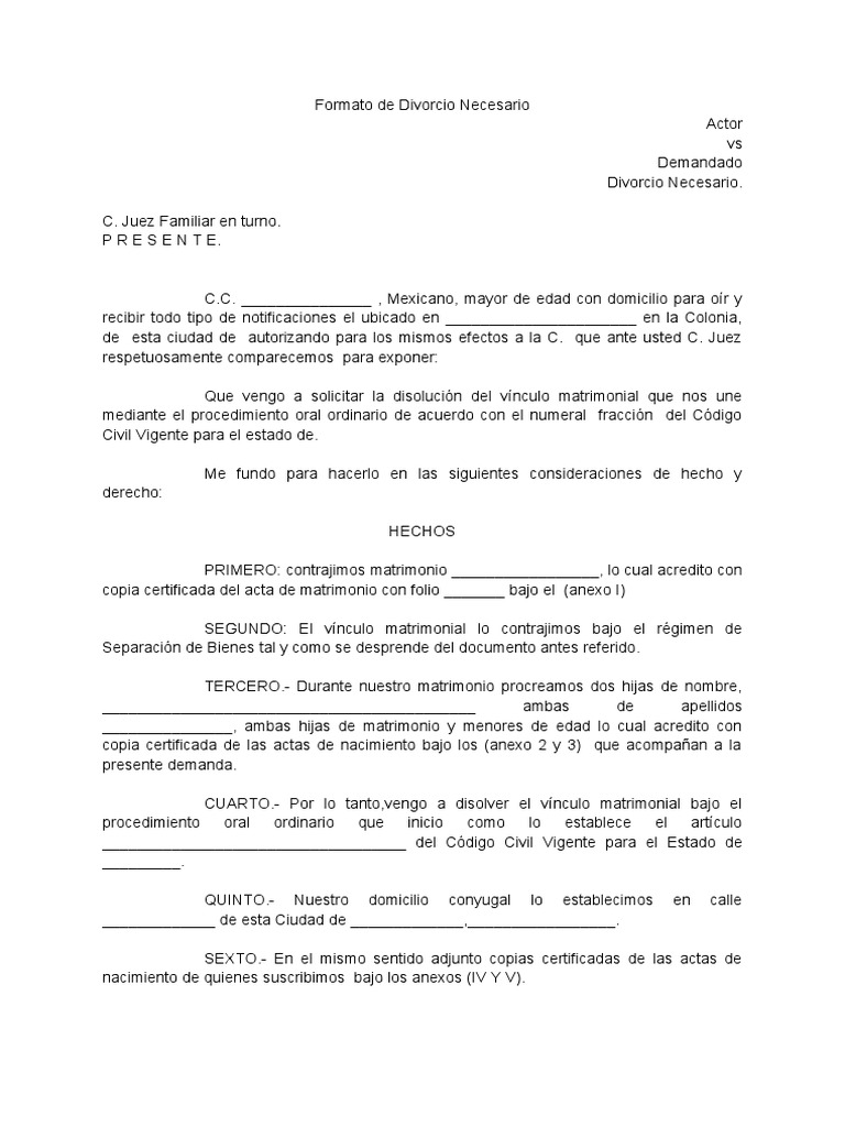 Formato de Demanda de Divorcio Necesario | PDF | Divorcio | Matrimonio
