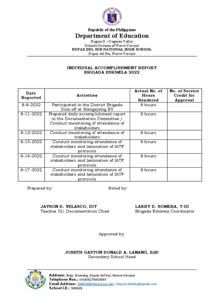 Brigada Eskwela Template On Service Credit Request | PDF