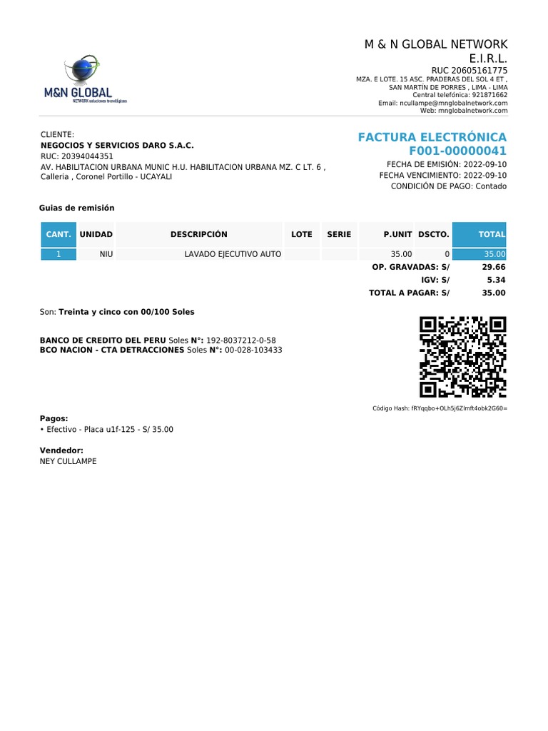 Factura Electrónica F001-00000041: M & N Global Network E.I.R.L | PDF ...