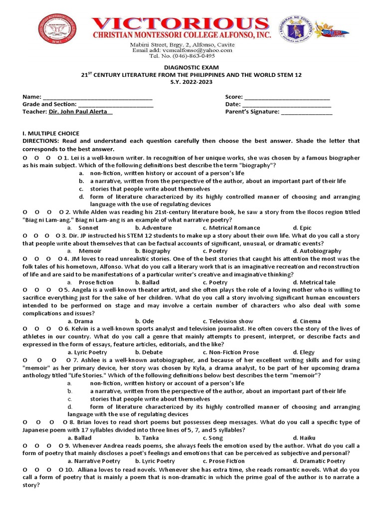 21ST CLP STEM 12 Diagnostic Exam | PDF | Poetry | Romance Novels