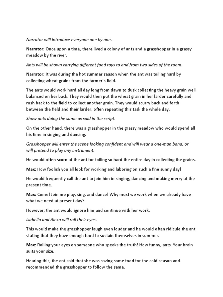 The Ant and The Grasshopper Script | PDF | Poetry | Classics