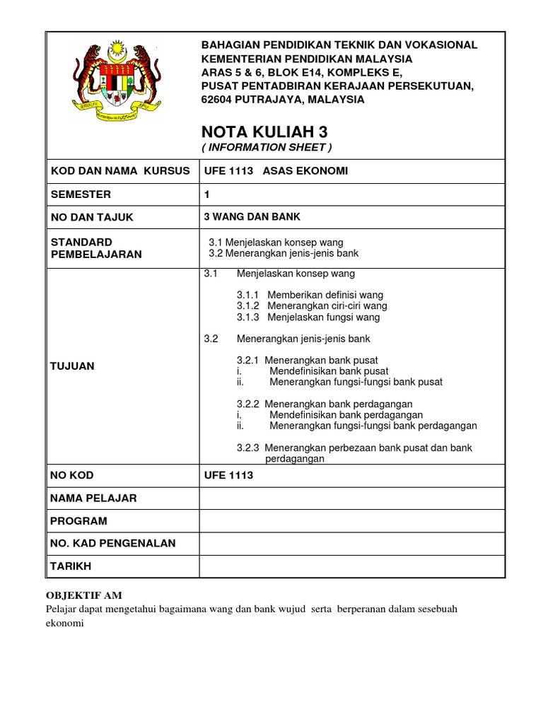 Nota Kuliah 3 - Wang Dan Bank | PDF