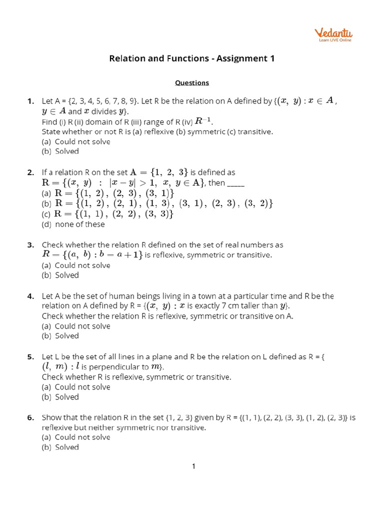Relation and Functions - Assignment 1 | PDF