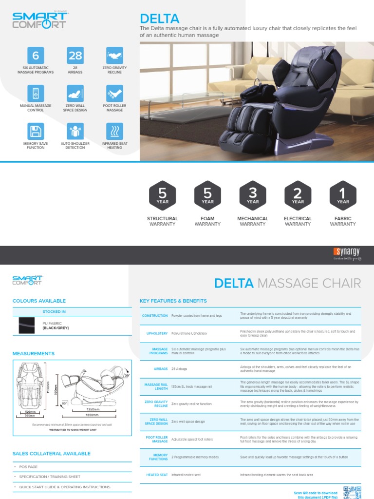 A4 Spec Sheet - Delta Massage Chair | PDF | Chair | Massage