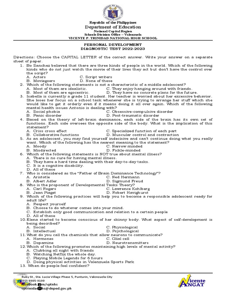 Grade 12 Personal Development Test 2022-2023 | PDF | Mental Disorder ...