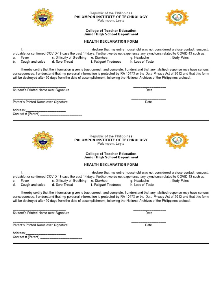 Health Declaration Form | PDF | Common Cold | Health Sciences