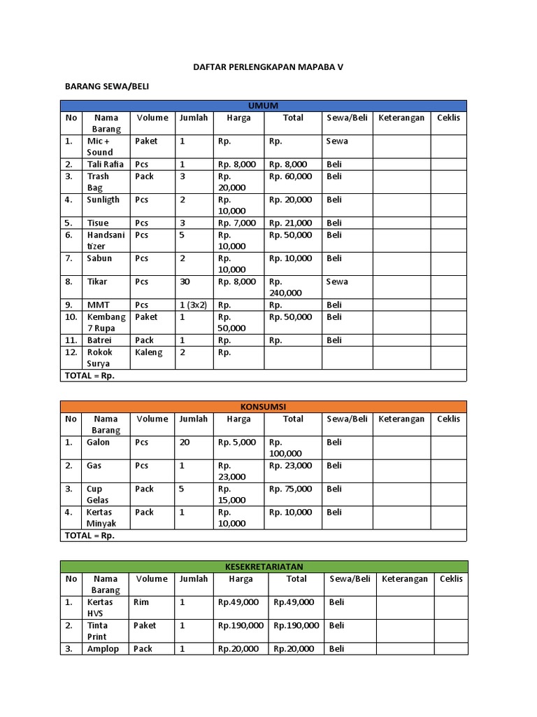 Daftar Perlenkapan Mapaba V | PDF