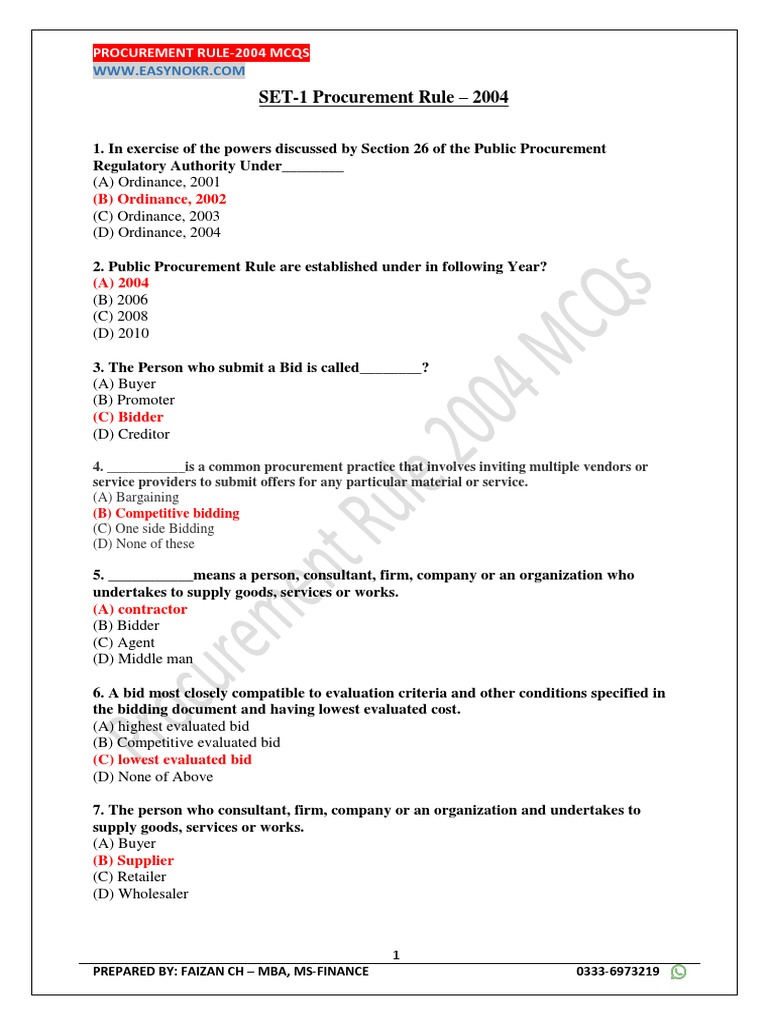 Set 1 Public Procurement Rule 2004 Mcqs Pdf Procurement Economies 