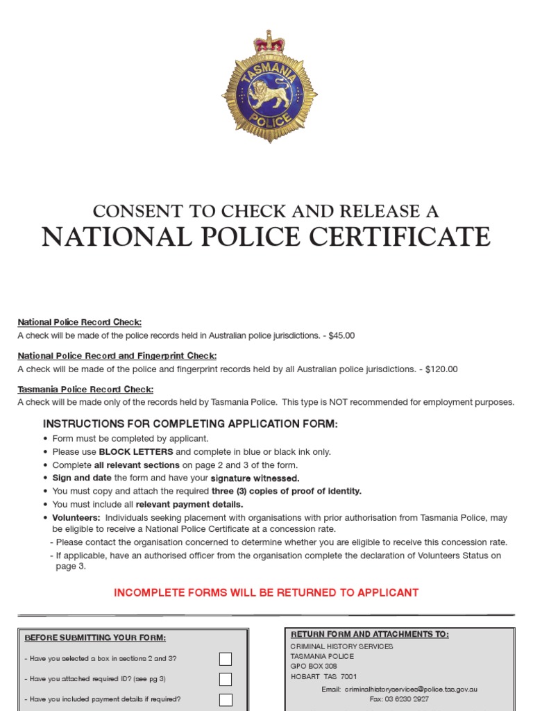Consent To Check and Release A National Police Certificate July 2010 ...