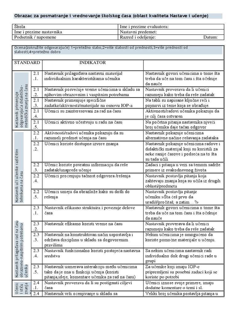 Obrazac Za Posmatranje I Vrednovanje Casa | PDF