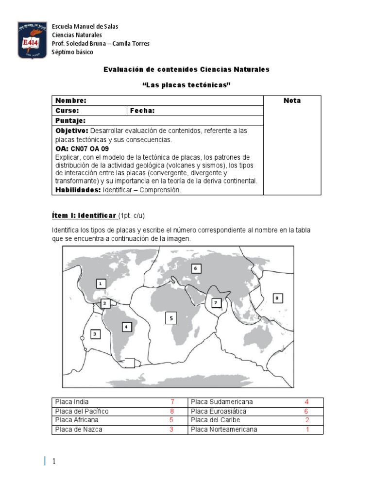 Evaluación: Placas Tectónicas 7° Básico | PDF | Placas tectónicas | Temblores