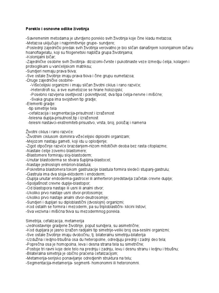 Poreklo I Osnovne Odlike Životinja | PDF