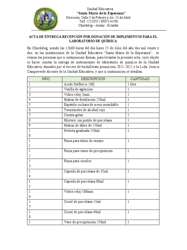 Acta de Entrega-Recepción de Laboratorio | PDF | Equipo de laboratorio ...