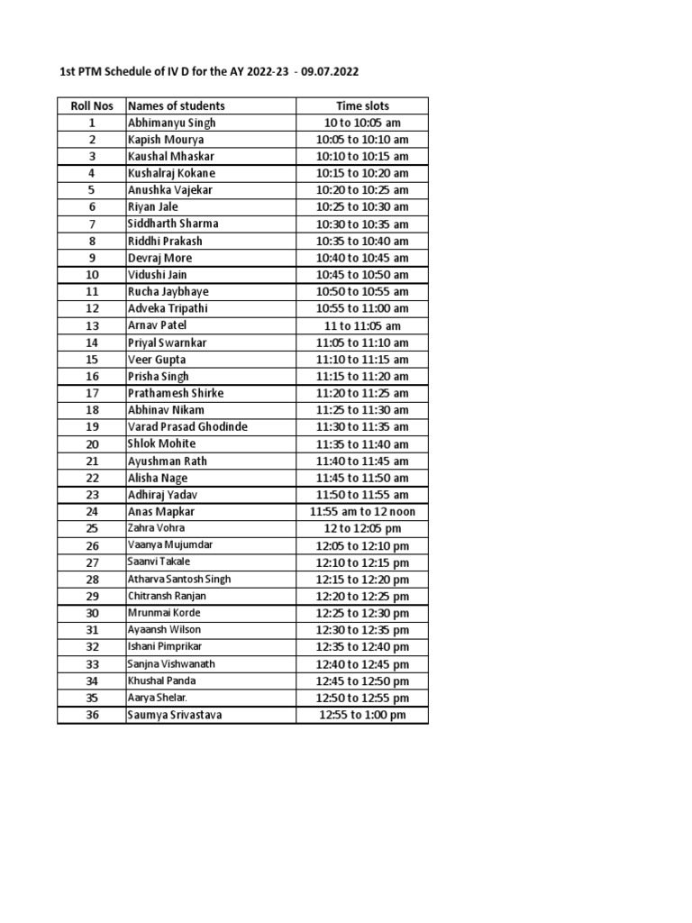 1st PTM Schedule of IV D For The AY 2022-23 - 09.07.2022 Roll Nos Names ...