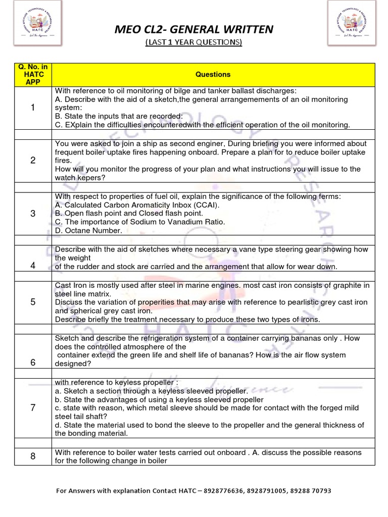 MEO Class 2 Written Exam Questions | PDF | Pump | Fatigue (Material)