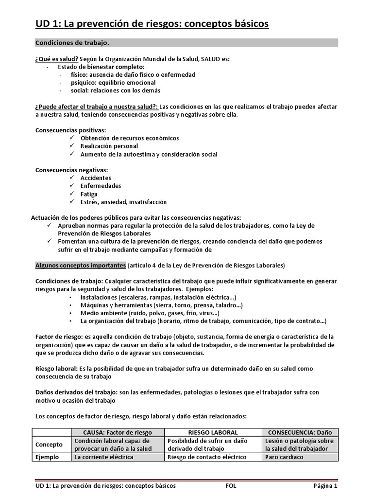 UD 1 - La Prevención de Riesgos. Conceptos Básicos | PDF | Estrés (biología) | Ciencias de la Salud