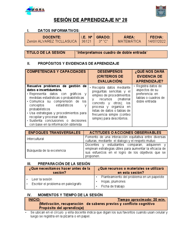 Sesión #28 Matematica (Interpretamos Cuadro de Doble Entrada) | PDF | Aprendizaje | Evaluación