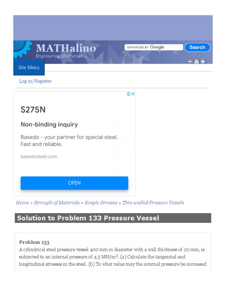 Solution To Problem 133 Pressure Vessel - Strength of Materials Review at MATHal | PDF | Stress ...