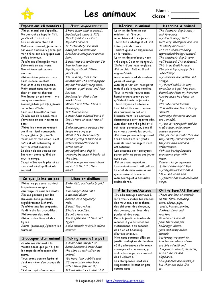 French Pets Vocabulary | PDF | Biologie | Mammifères