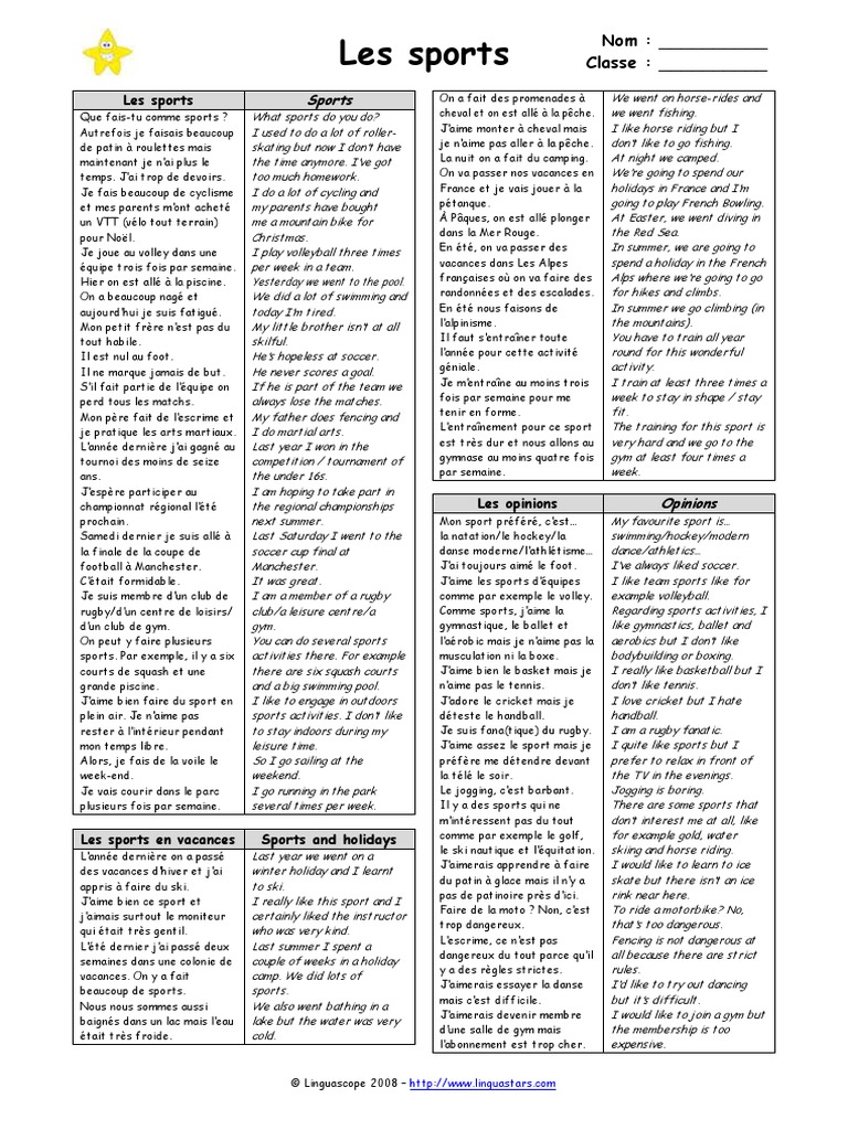 French Sports Vocabulary | PDF | Divertissement | Exercice physique