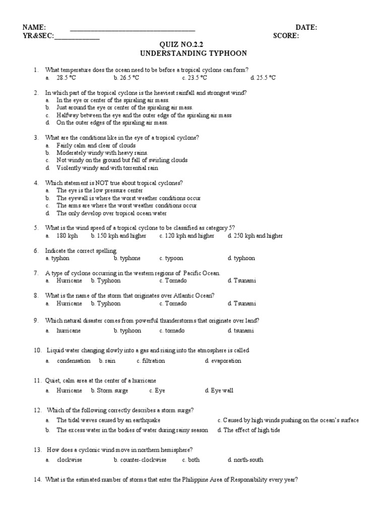 Quiz 2.2 Typhoon | PDF | Tropical Cyclones | Eye (Cyclone)