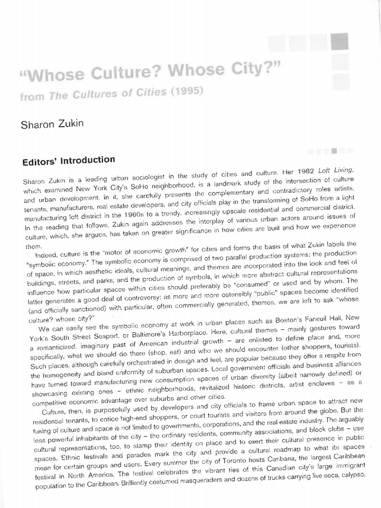 Reading 01 - Sharon Zukin - Whose City Whose Culture | PDF
