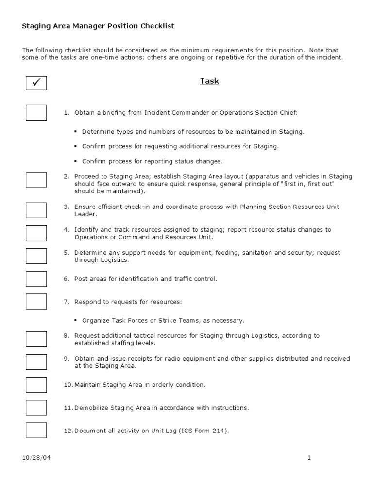 Staging Area Manager Checklist | PDF