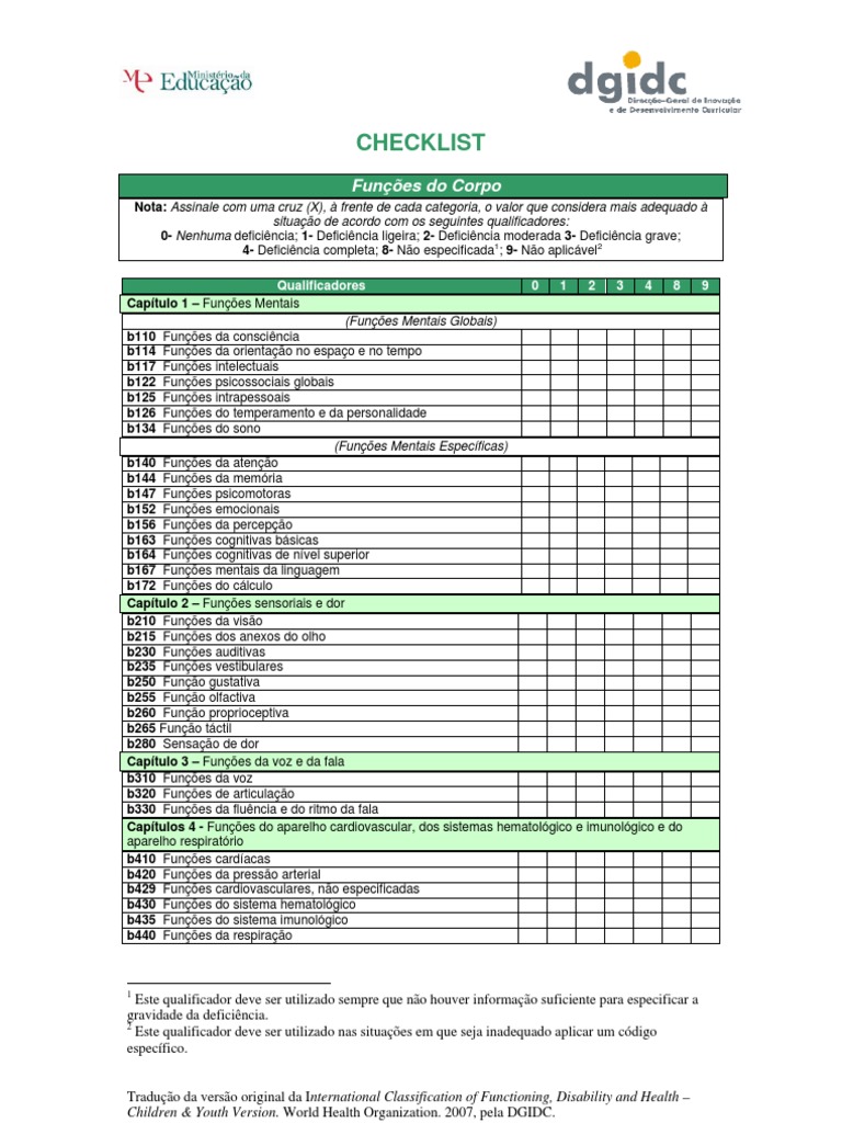 CIF Checklist Da Classificacao Internacional Da Funcionalidade ...