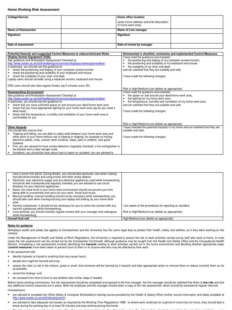 RISK ASSESSMENTS FOR HOMEWORKING (2011) v2 | PDF | Occupational Safety ...