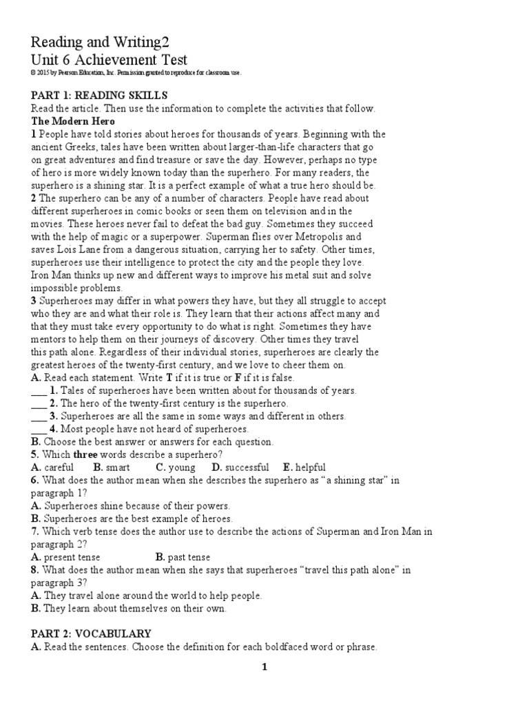 Achievement Test U6 (Reading & Vocab) | PDF | Hero | Adverb