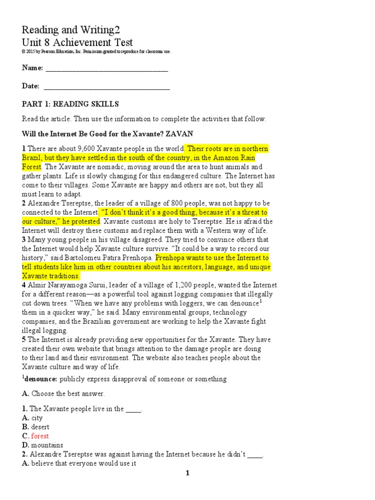 Achievement Test U8 (Reading & Vocab) | PDF