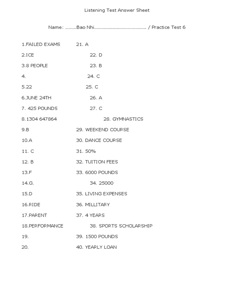 Listening Test Answer Sheet | PDF
