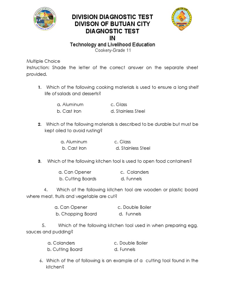 Cookery 11 Diagnostic Test | PDF | Hors D'oeuvre | Sandwich
