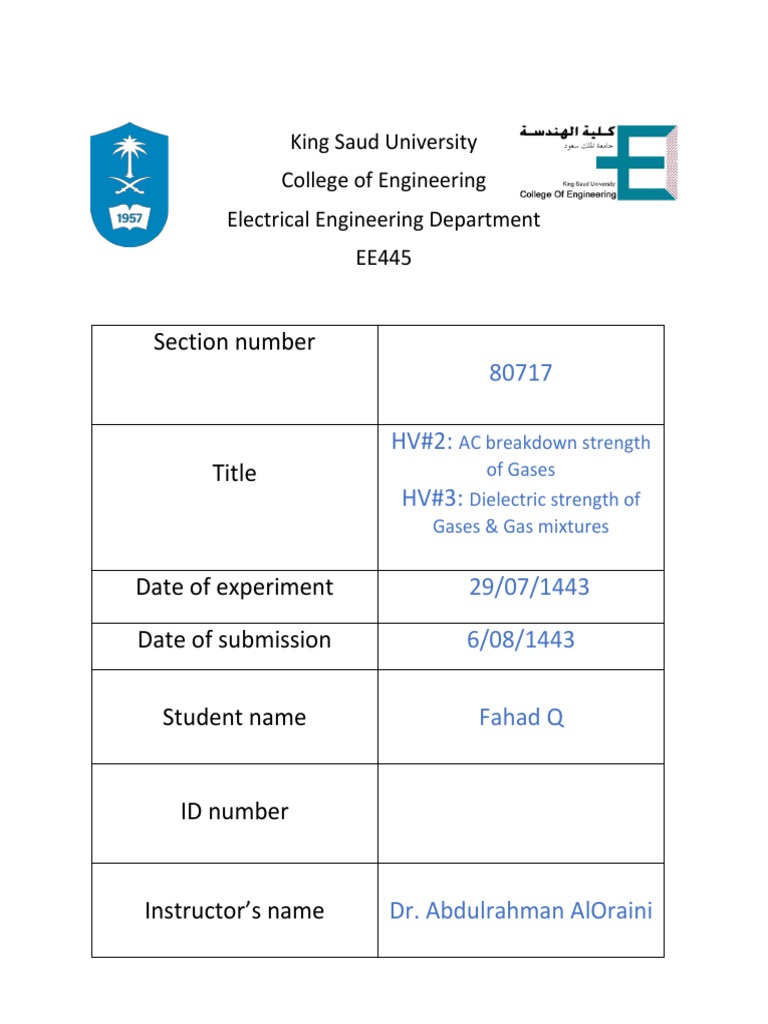 KSU Electrical Engineering Lab Report on Dielectric Strength of Gases ...