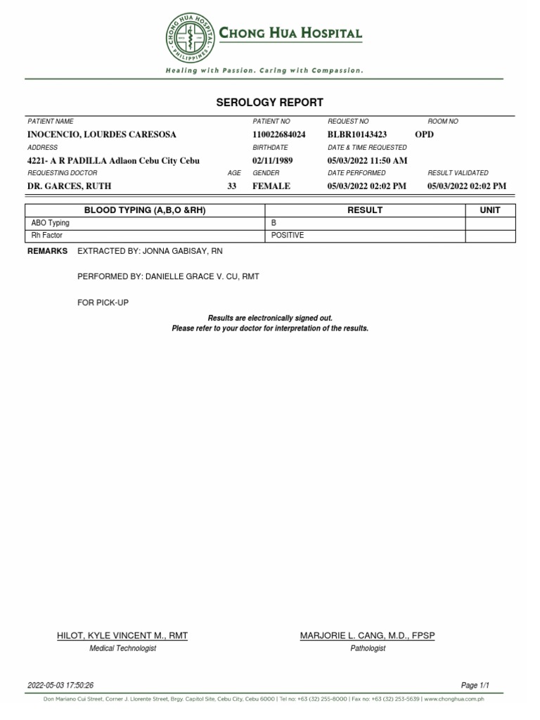 Serology Report: Blood Typing (A, B, O &RH) Result Unit | PDF