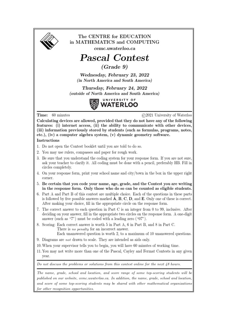 2022 Pascal Contest | PDF | Elementary Mathematics | Mathematics