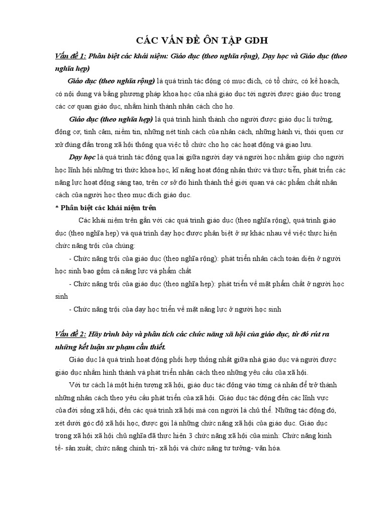 Đề cương phần lý thuyết GDH | PDF