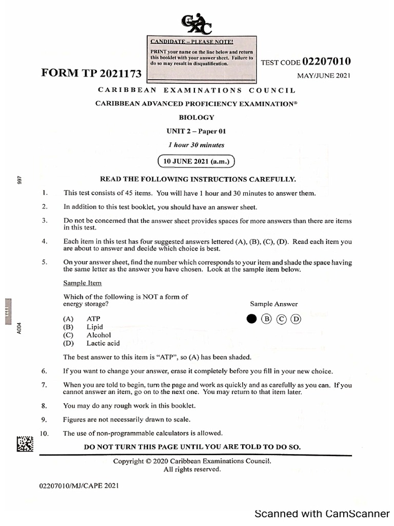 CAPE Biology 2021 U2 P1 | PDF