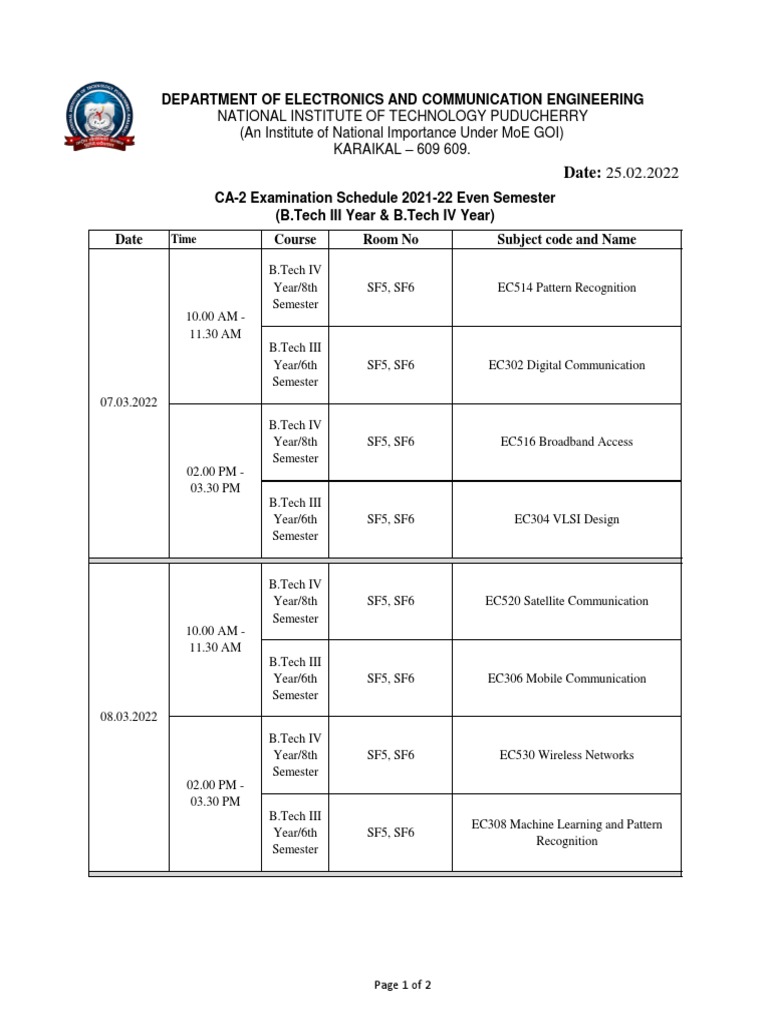 CA2 - EXAMINATION - Schedule - Mar - 2022 - Btech - III&IVyear | PDF | Electronic Engineering ...