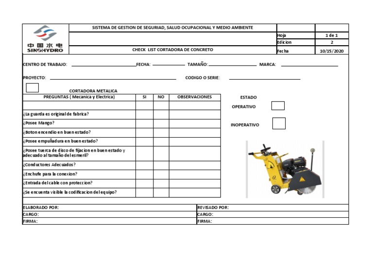 Checklist de Seguridad para Cortadora de Concreto | PDF
