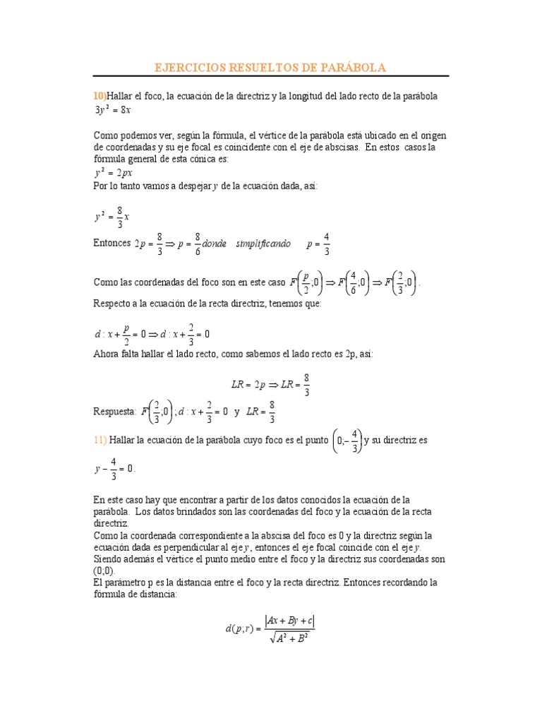 Ejercicios Resueltos de Parábolas | PDF | Matemática Elemental ...