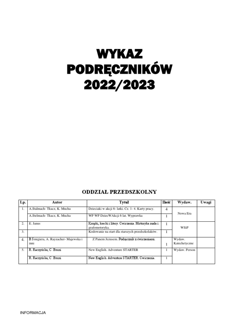 Wykaz Podrecznikow Wedlug Klas 20222023 PDF 293 KB | PDF