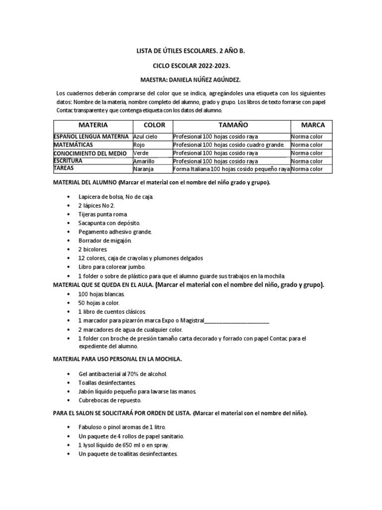 2B Lista de Utiles Escolares 2022-2023 | PDF