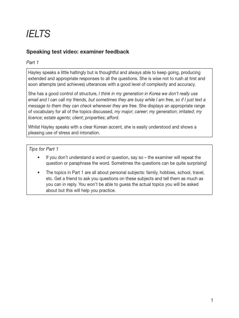 IELTS, Speaking Test, Examiner Feedback, Hayley | PDF | Question ...