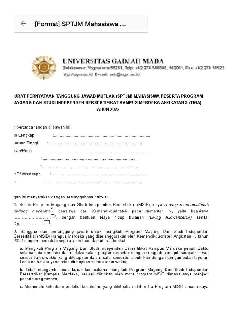 (Format) SPTJM Mahasiswa MSIB Batch 3 | PDF